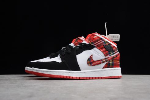 Nike Air Jordan 1 Mid GS White Plaid Habanero Red Black White 554725 ...