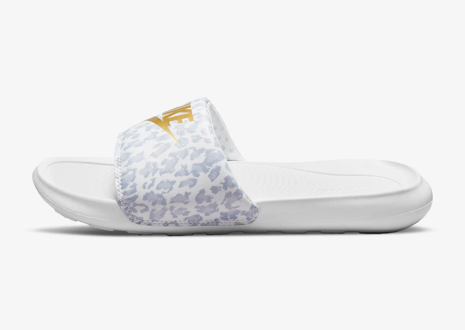 Nike Victori One Print Slides Sandals Pure Platinum Metallic Gold Wolf ...